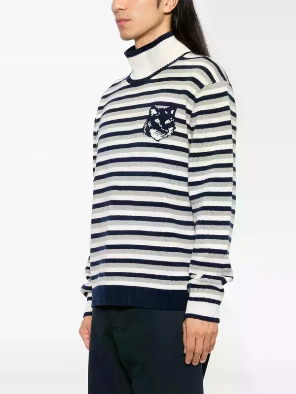 Maison Kitsuné Fox Head Intarsia Striped Jumper - Blue
