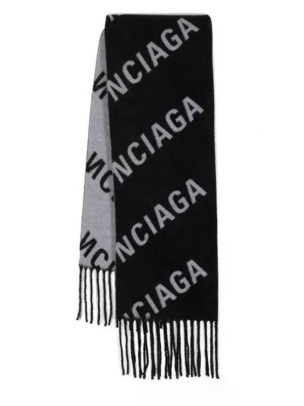 Balenciaga Fringed Jacquard-logo Scarf - Black