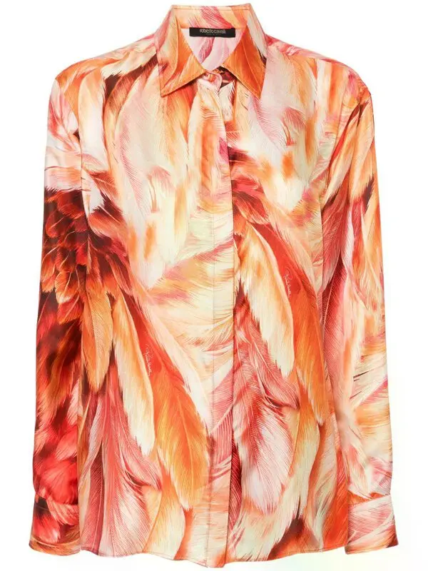 Roberto Cavalli Plumage-print Silk Shirt - Orange