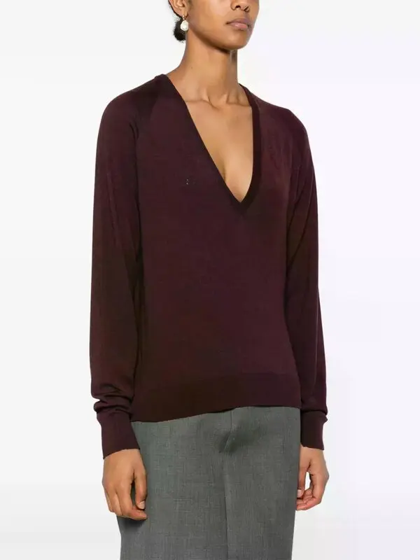 LANVIN Fine Knit Pointelle Trim V-neck Sweater - Red