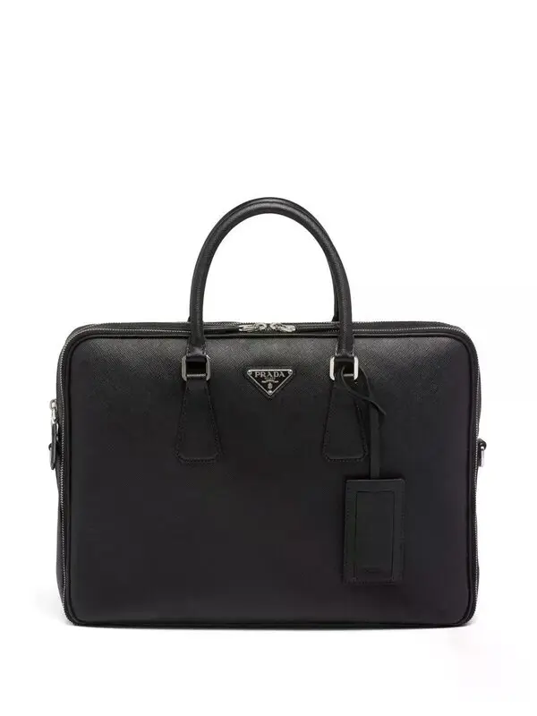 Prada Saffiano Leather Briefcase With Enamel Triangle Logo - Black