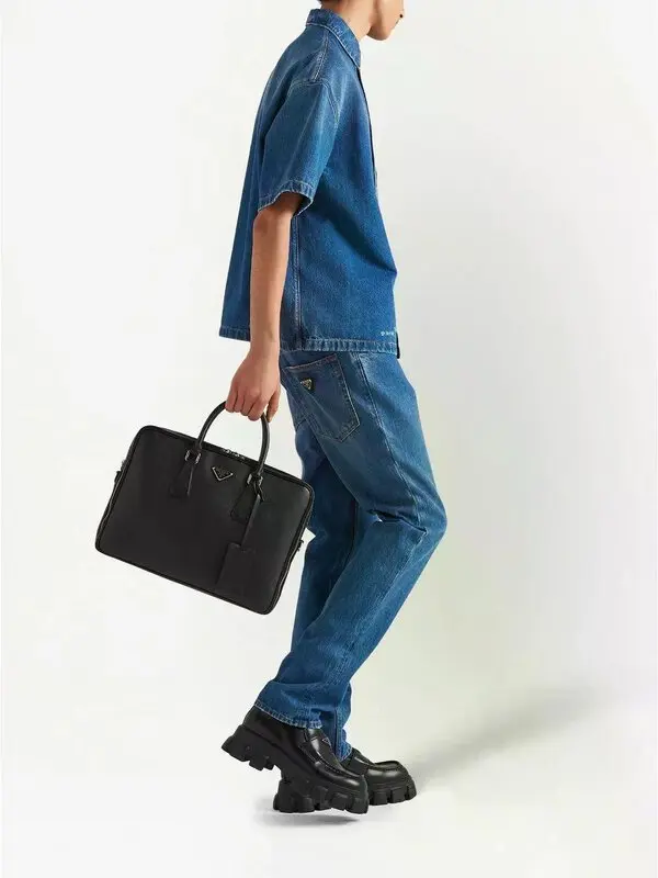 Prada Saffiano Leather Briefcase With Enamel Triangle Logo - Black