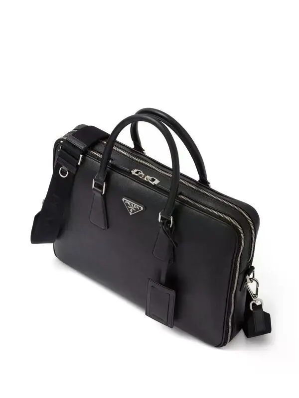 Prada Saffiano Leather Briefcase With Enamel Triangle Logo - Black