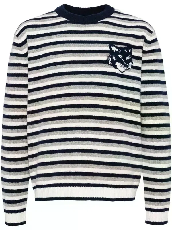 Maison Kitsuné Fox Head Intarsia Striped Jumper - Blue