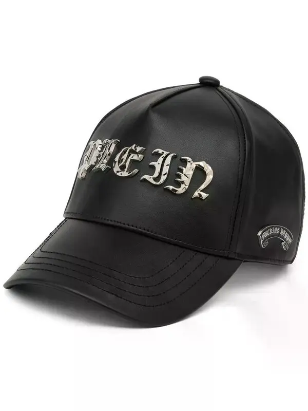 Philipp Plein Baseball Cap With Faux Leather Metal Lettering - Black