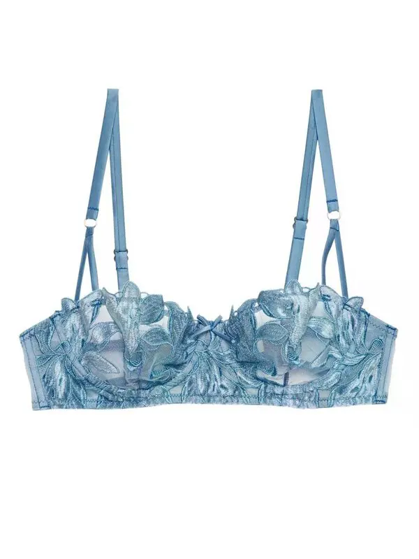 FLEUR DU MAL Velvet Lily Embroidered Balconette Bra - Blue
