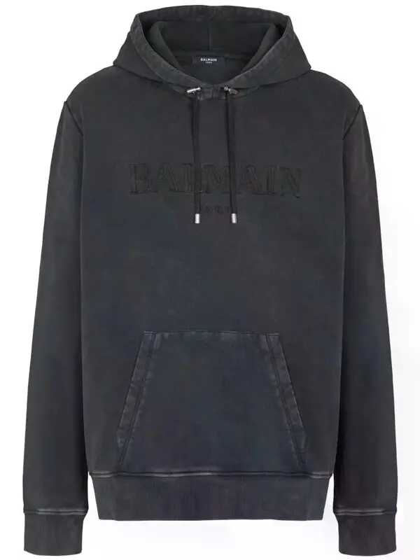 Balmain Logo Embroidered Hoodie - Grey