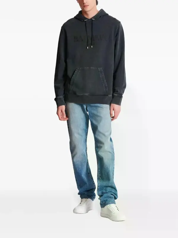 Balmain Logo Embroidered Hoodie - Grey