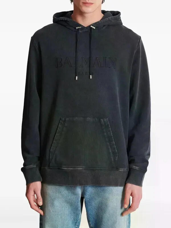 Balmain Logo Embroidered Hoodie - Grey