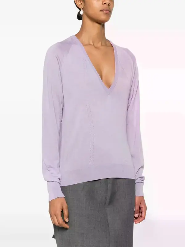 LANVIN Pointelle Trim V-neck Fine Knit Sweater - Purple