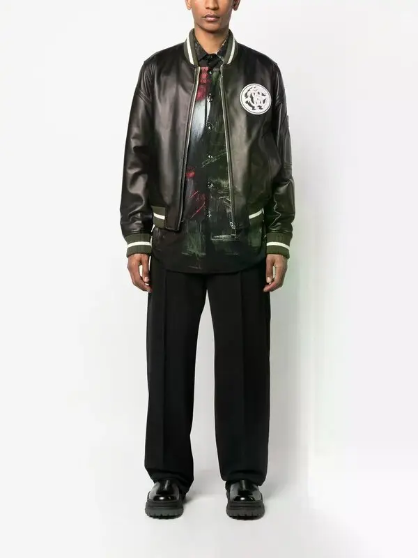 Roberto Cavalli Monogram-patch Leather Bomber Jacket