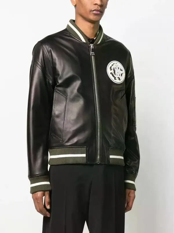 Roberto Cavalli Monogram-patch Leather Bomber Jacket