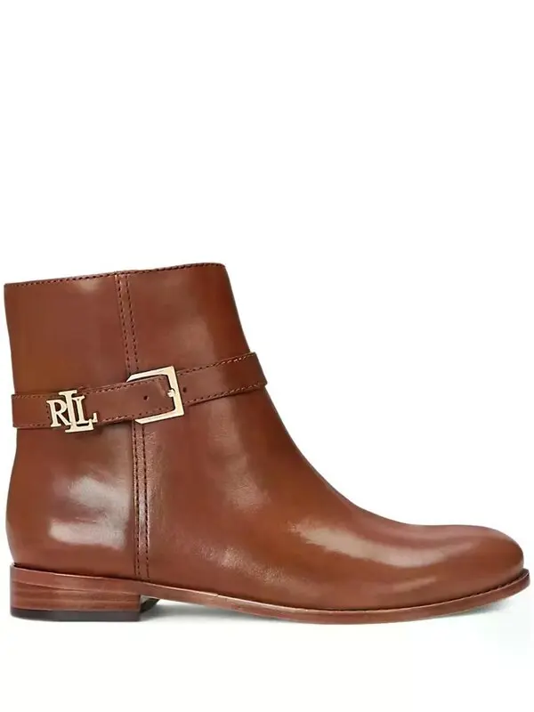 Ralph Lauren Leather Ankle Boots With Decorative Buckle And Logo Detail - Brown