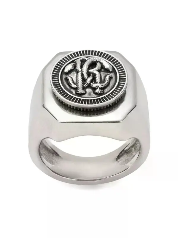 Roberto Cavalli Embossed Hexagonal Signet Ring - Silver