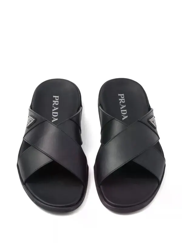 Prada Leather Crisscross Slides - Black