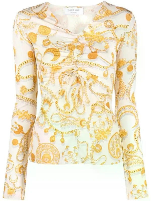 MARINE SERRE Graphic Print Long Sleeve V-neck Top - Neutrals
