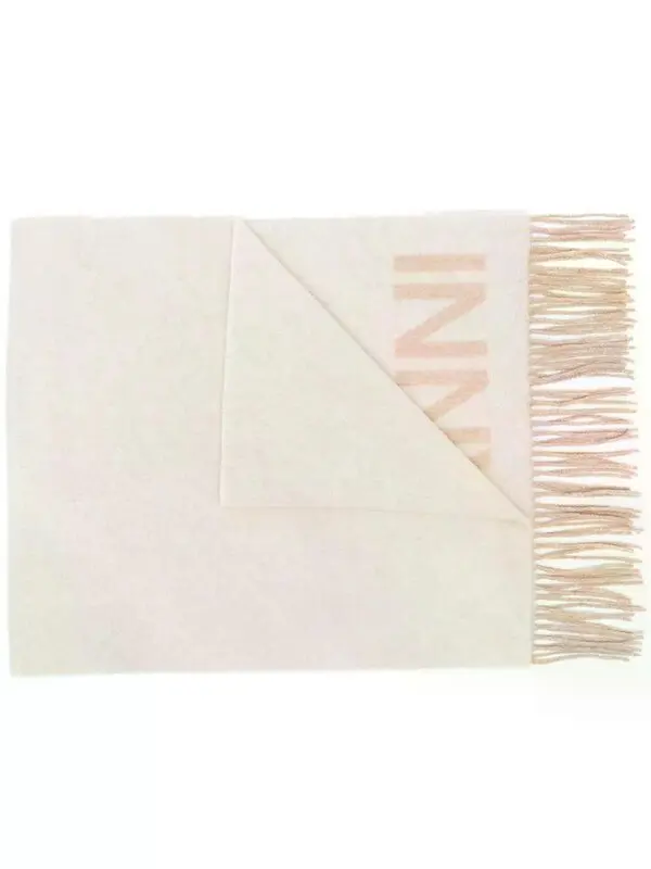 GANNI Logo-print Tassel-trim Scarf - Neutrals