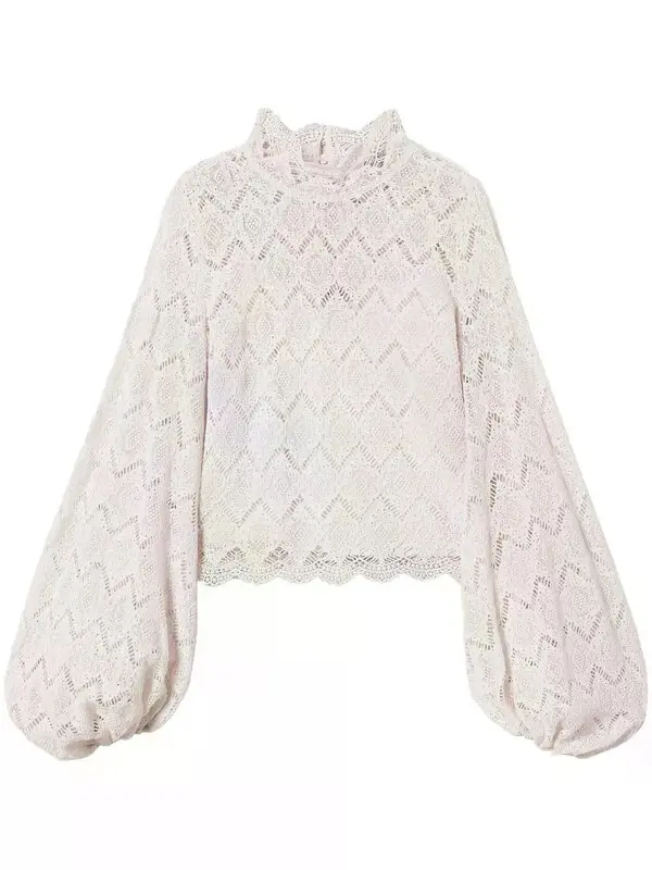 TWINSET Lace Mock Neck Balloon Sleeve Blouse - Neutrals