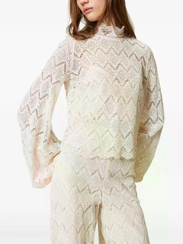 TWINSET Lace Mock Neck Balloon Sleeve Blouse - Neutrals