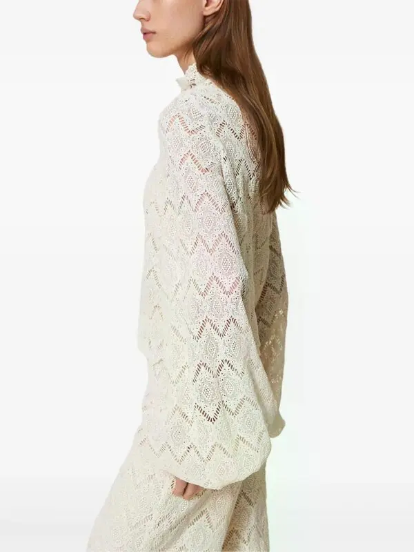 TWINSET Lace Mock Neck Balloon Sleeve Blouse - Neutrals