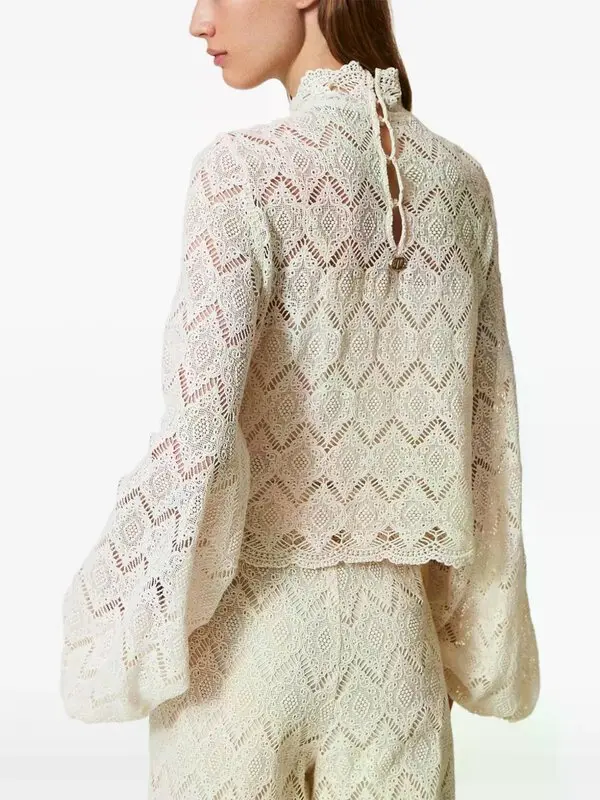 TWINSET Lace Mock Neck Balloon Sleeve Blouse - Neutrals
