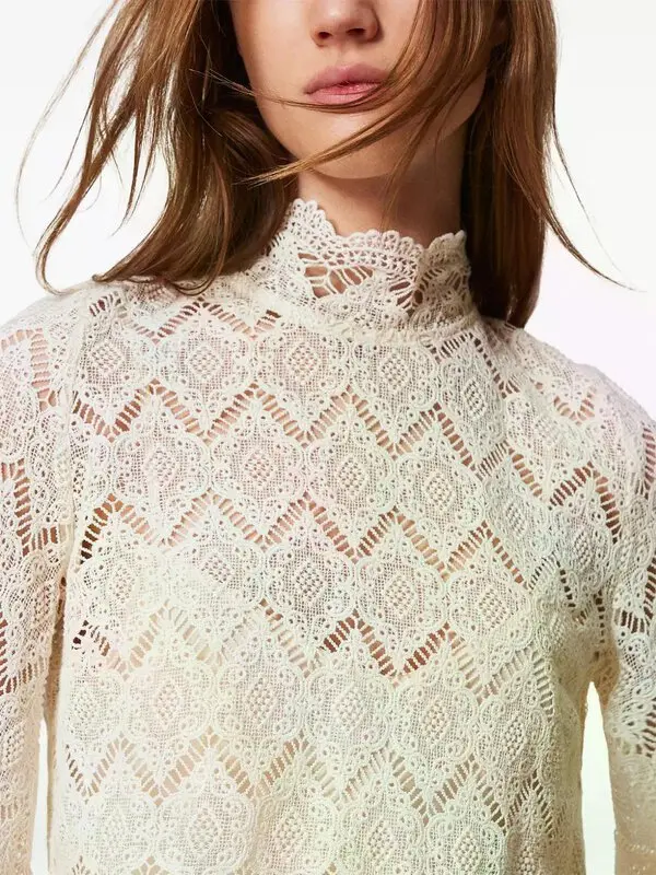 TWINSET Lace Mock Neck Balloon Sleeve Blouse - Neutrals