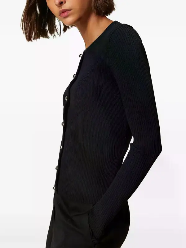 TWINSET Ribbed Knit Cardigan With Open Back And Logo Plaque