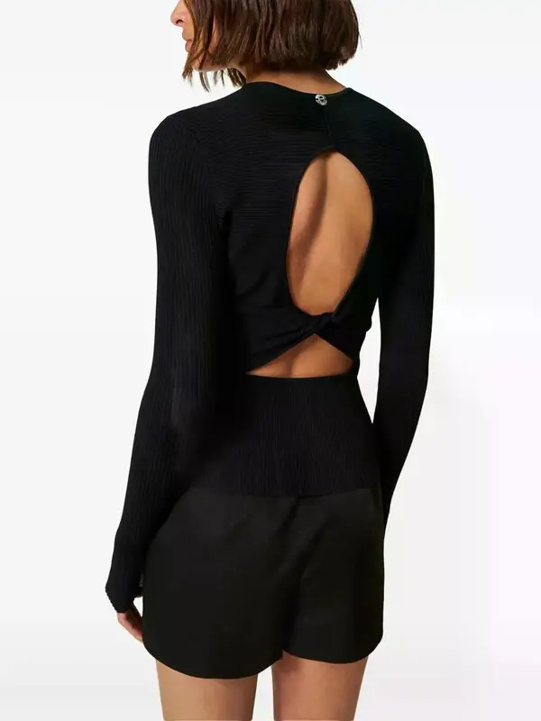 TWINSET Ribbed Knit Cardigan With Open Back And Logo Plaque