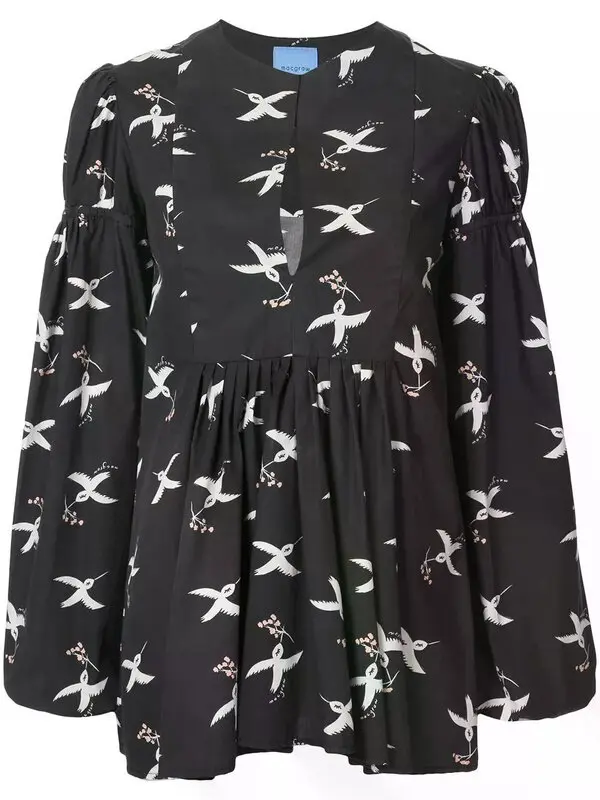 MACGRAW Bird Print Puff Sleeve Blouse