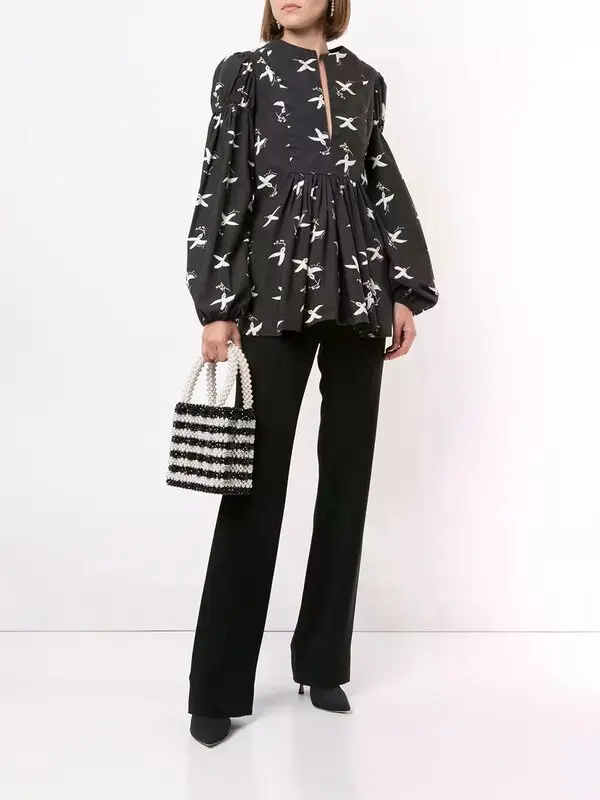 MACGRAW Bird Print Puff Sleeve Blouse