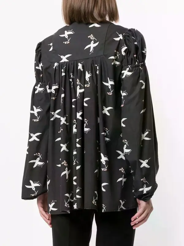 MACGRAW Bird Print Puff Sleeve Blouse