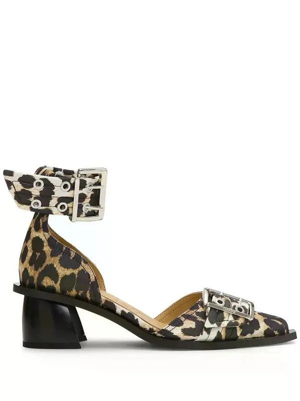 GANNI Leopard-print Buckle-strap Heeled Pumps - Brown