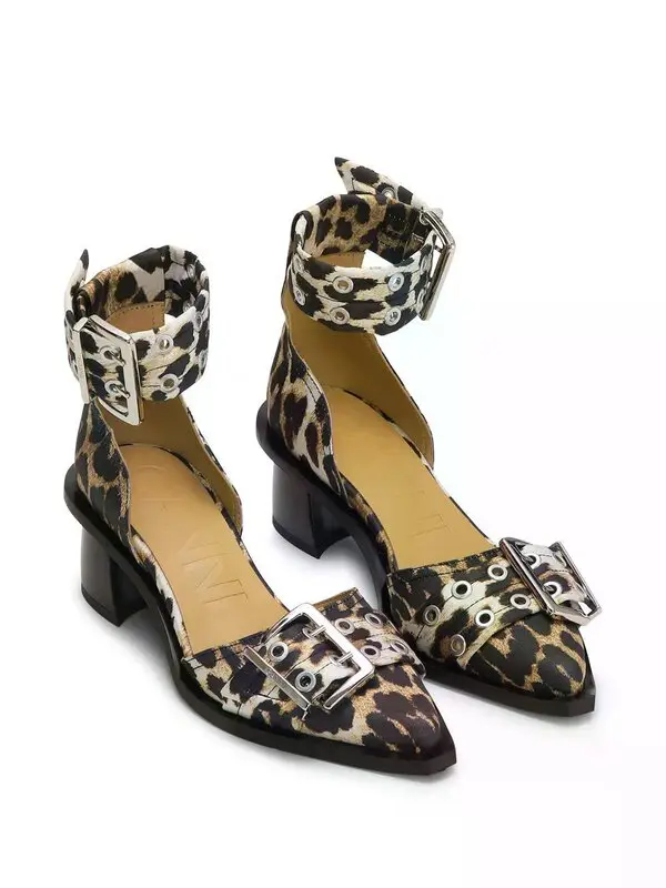 GANNI Leopard-print Buckle-strap Heeled Pumps - Brown