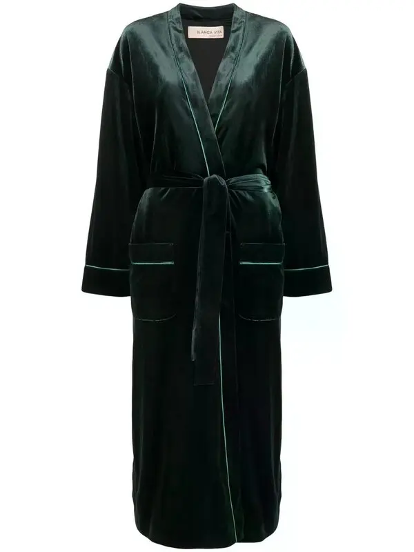 BLANCA VITA Velvet-effect Tied-waist Coat - Green