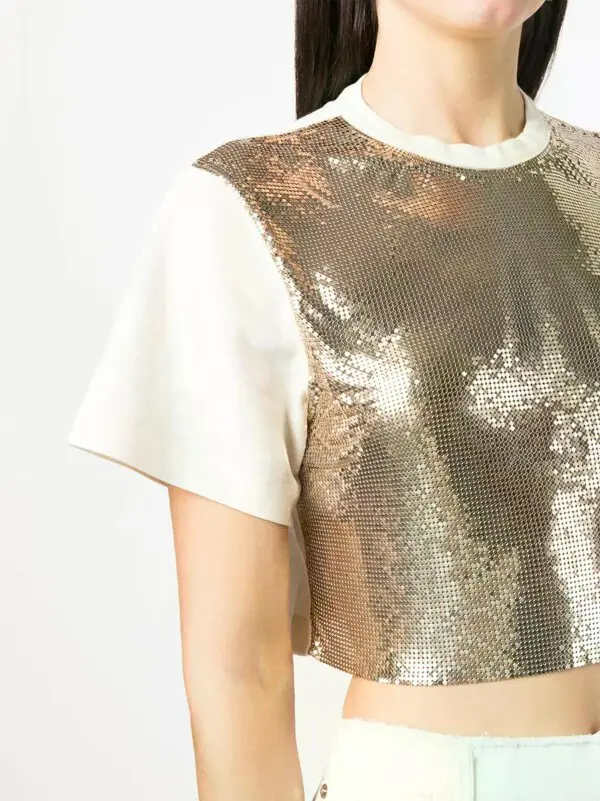Rabanne Chainmail-panel Cropped T-shirt - Gold