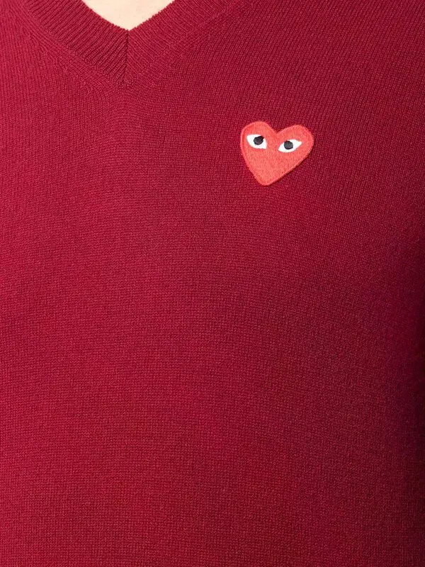 Play Comme Des Garcon V-neck Sweater With Heart Appliqu - Red