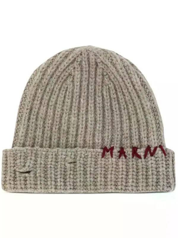 Marni Logo-embroidered Ribbed-knit Beanie - Neutrals