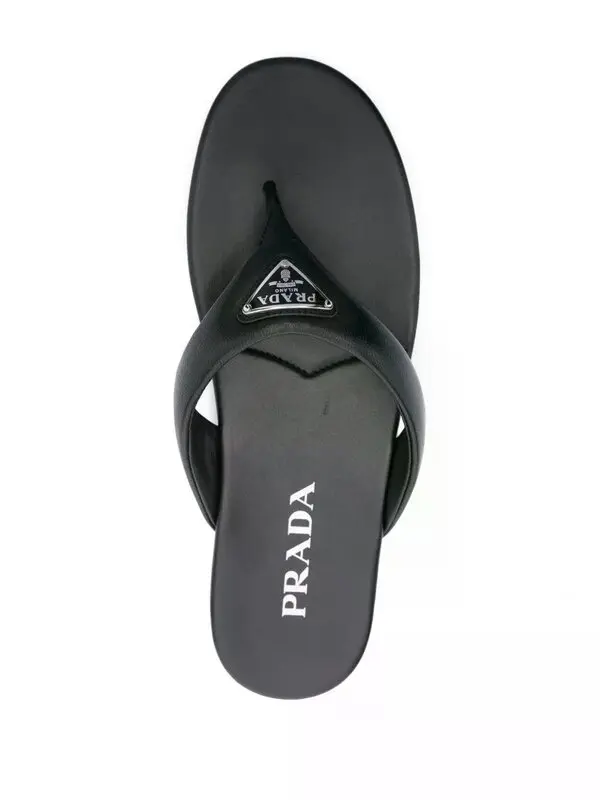 Prada Enamel-triangle Leather Flip Flops