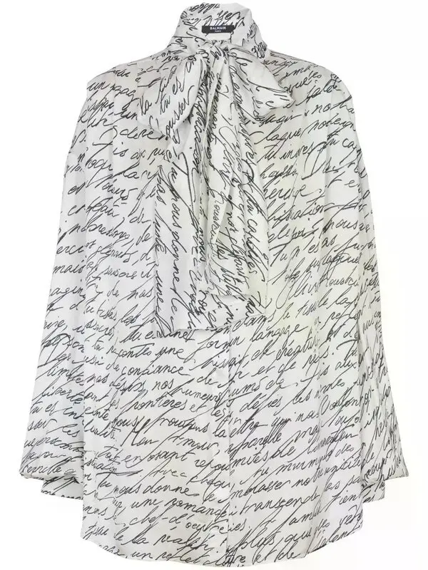 Balmain Script Print Pussy-bow Blouse - White