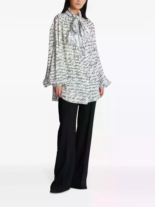 Balmain Script Print Pussy-bow Blouse - White