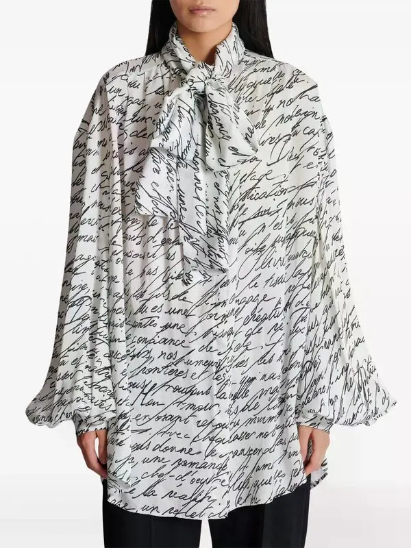 Balmain Script Print Pussy-bow Blouse - White