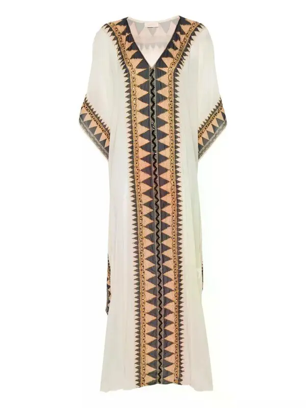 DOLCI FOLLIE Abstract-print Beaded Kaftan - Neutrals