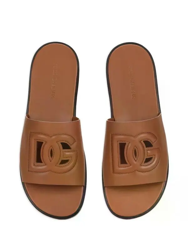 Dolce & Gabbana Embossed-logo Leather Slides - Brown