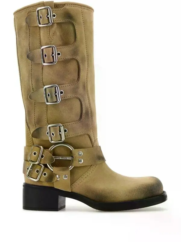 Miu Miu Buckle-strap Suede Boots - Neutrals
