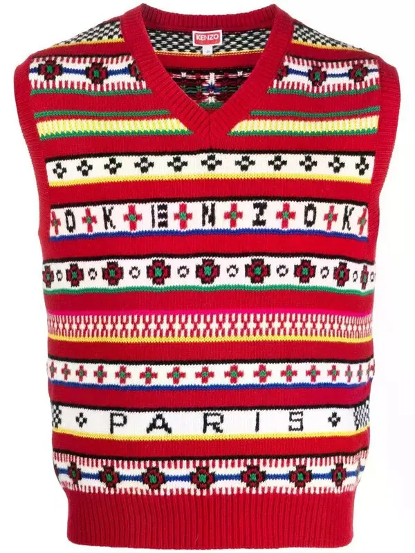Kenzo Fair Isle Knit V-neck Vest - Red