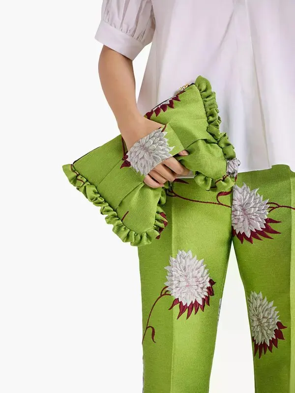 La DoubleJ Ruffled Floral Print Clutch - Green