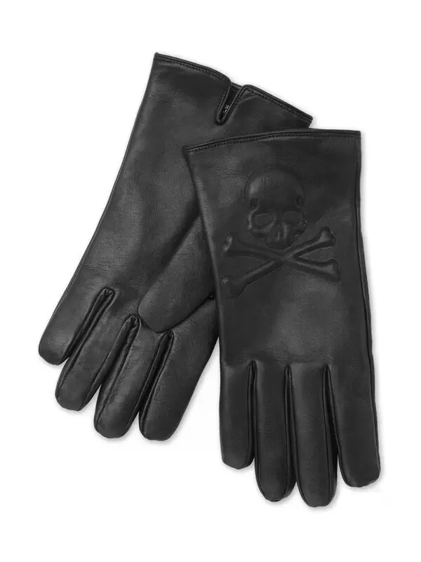 Philipp Plein Skull & Bones Embossed Leather Gloves - Black