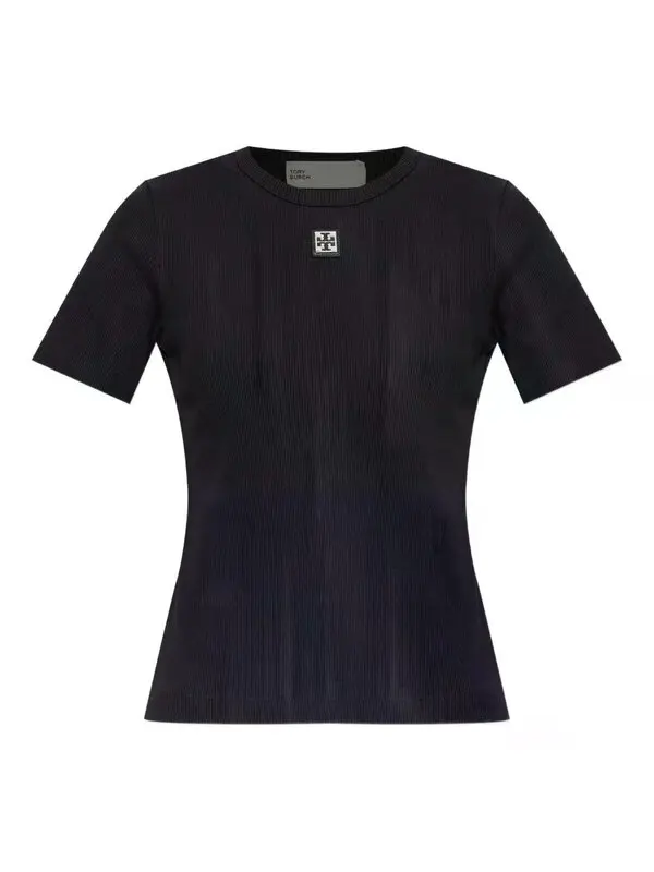 Tory Burch Ribbed Cotton T-shirt With Logo Patch - Black