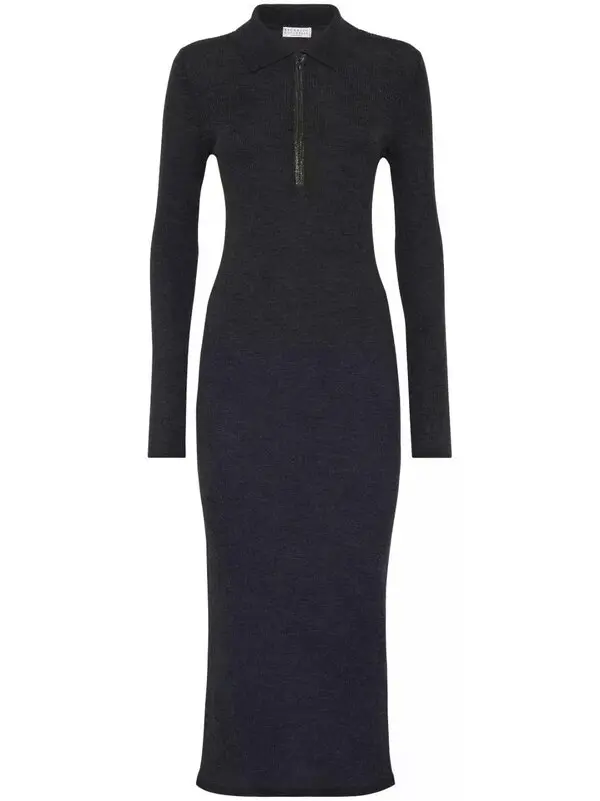Brunello Cucinelli Ribbed Knit Midi Dress With Monili Trim
