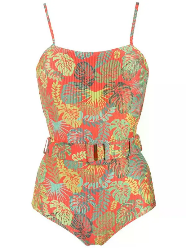 AMIR SLAMA Palm Leaf Print Belted Swimsuit - Red